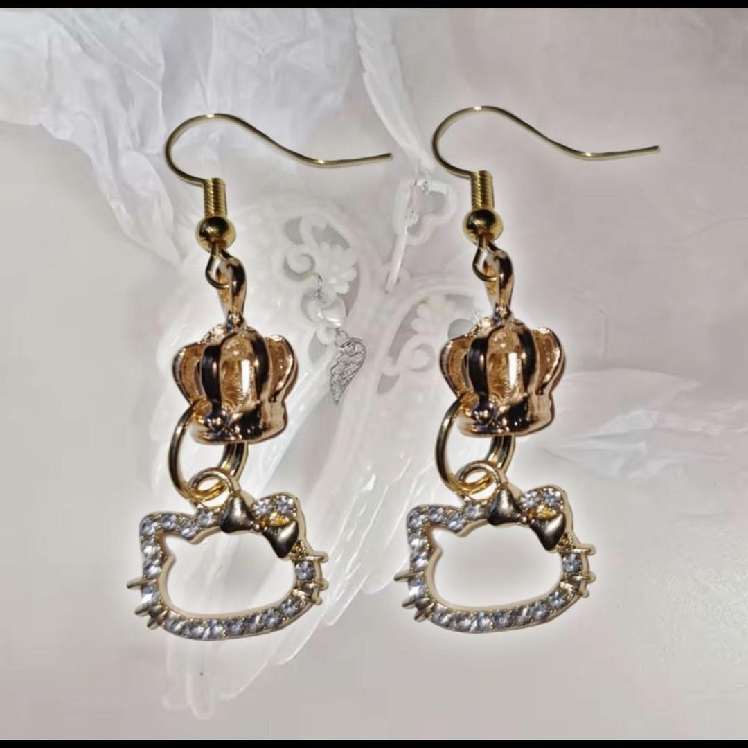 Cute Gold Y2K Mcbling Gyaru Princess Kitty Earrings - Etsy