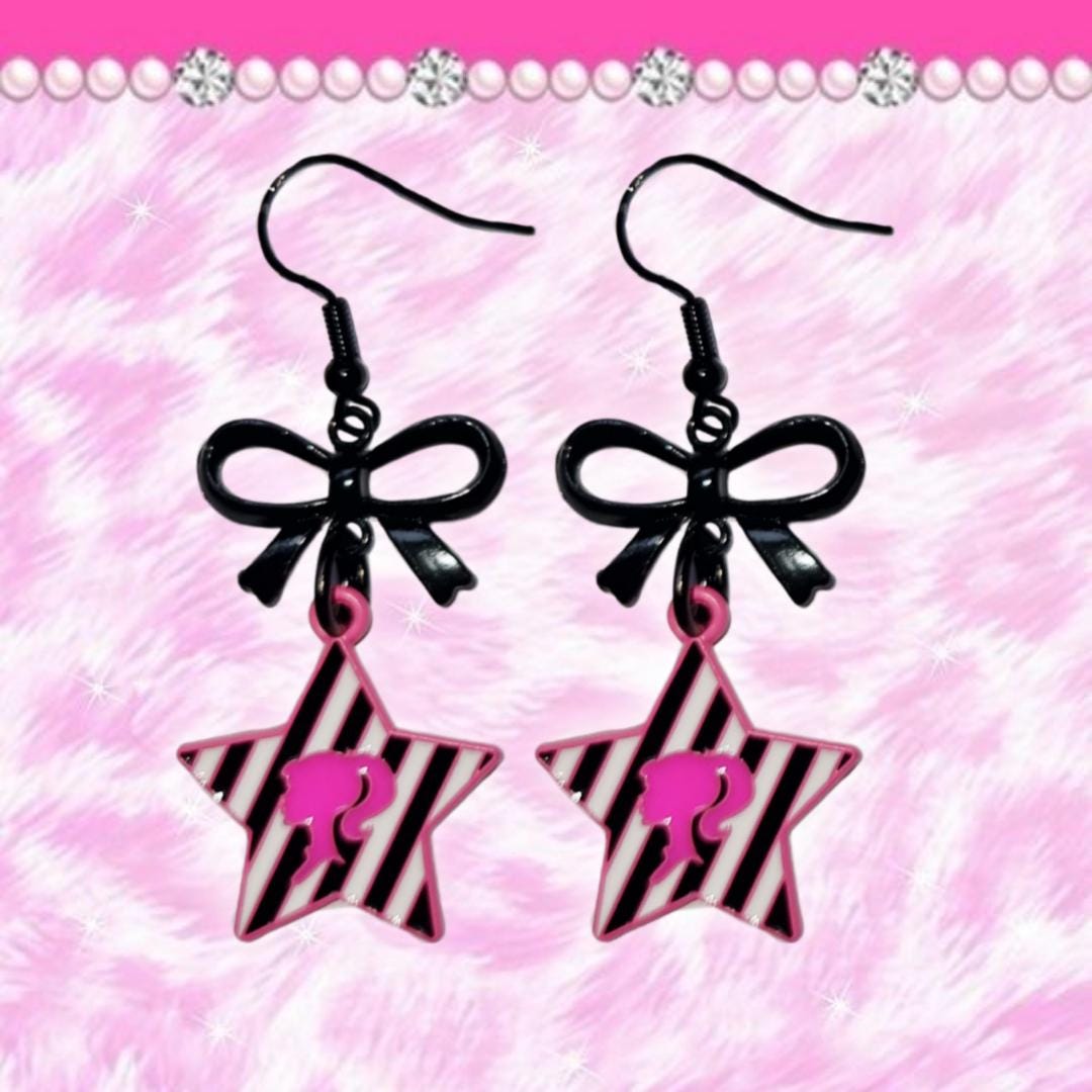 Barbie Y2K Mcbling Gyaru Stripy Star Black Bow Earrings - Etsy