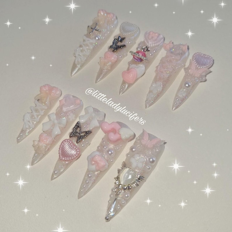 White 3D Junk Charm Mcbling Press on Gel Nails - Etsy