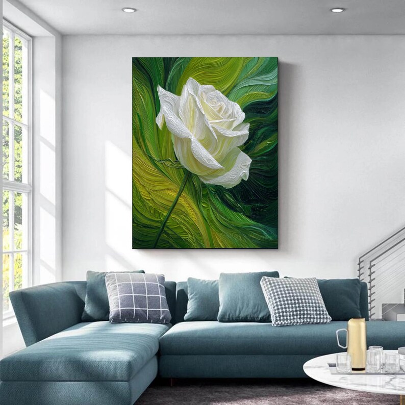 Textured White Rose Oil Painting With Lush Green Background - Etsy