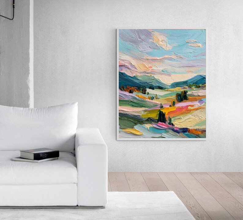 Colorful Impasto Mountain Art Modern Boho Decor Bright Living Room ...