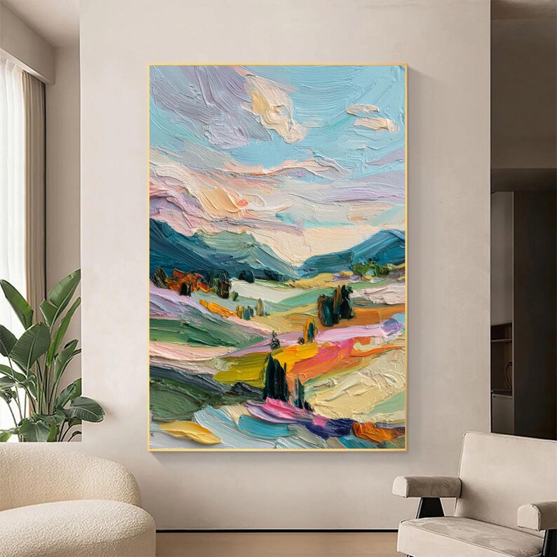 Colorful Impasto Mountain Art Modern Boho Decor Bright Living Room ...