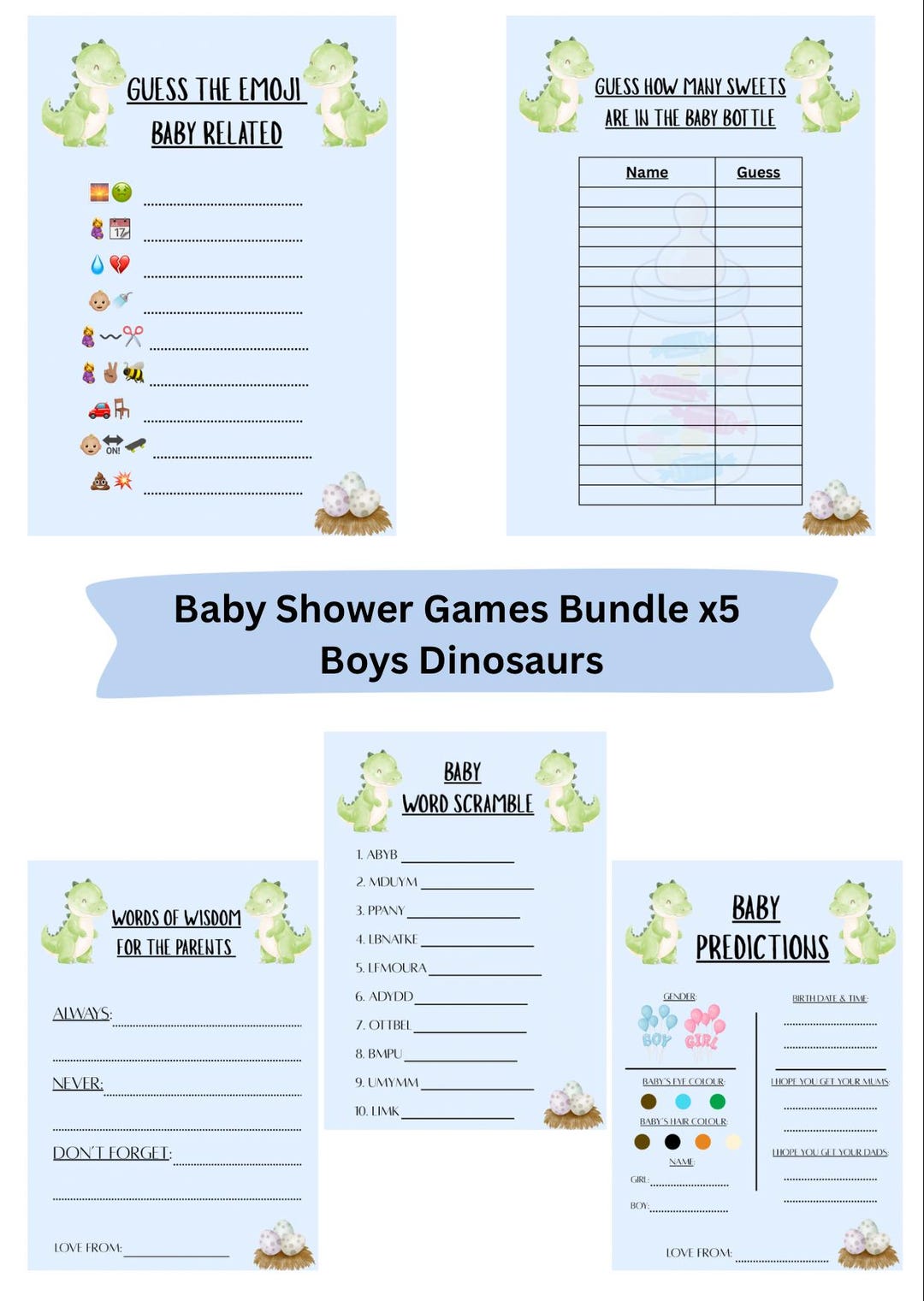 Boys Blue Baby Shower Games Bundle X5, Cute Dinosaur Theme Gender ...
