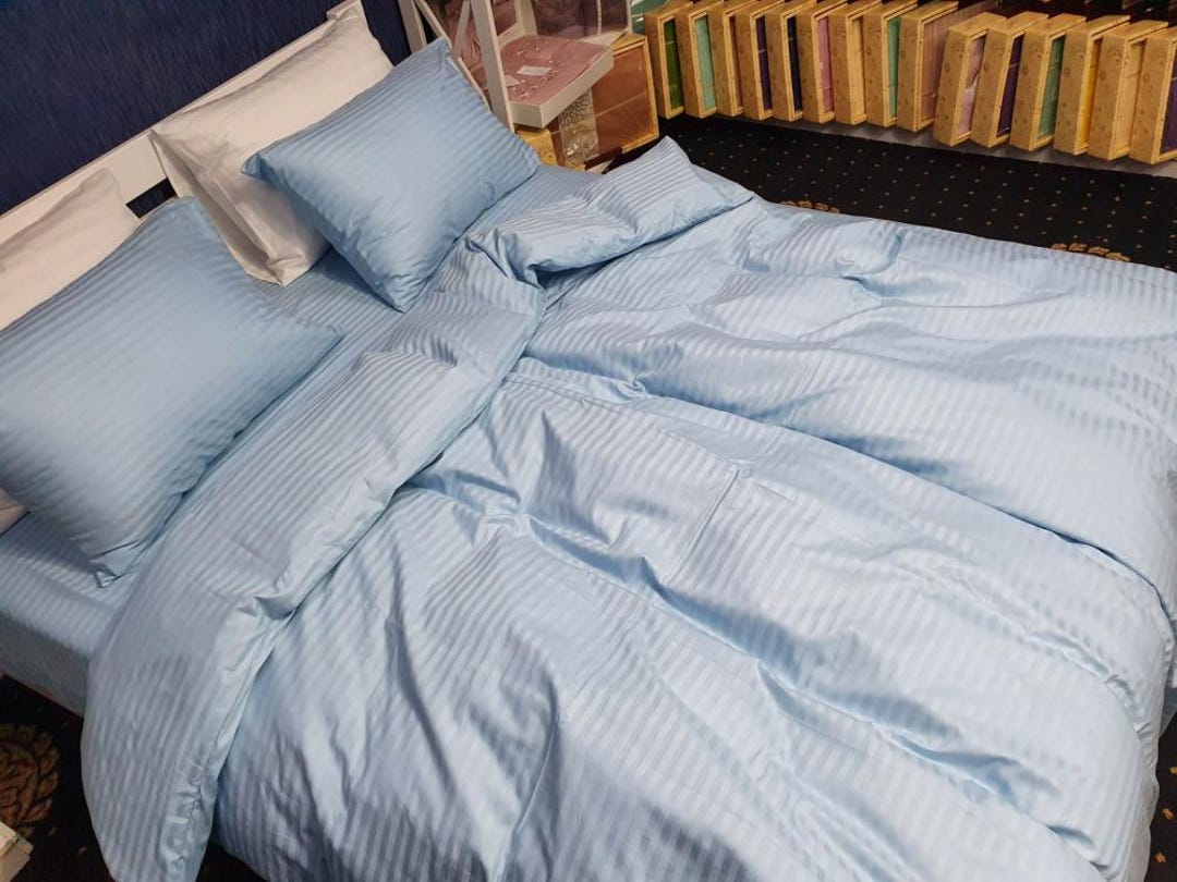 Light Blue Stripped Bedding Set Queen Duver Cover Soft King Bed Linen ...