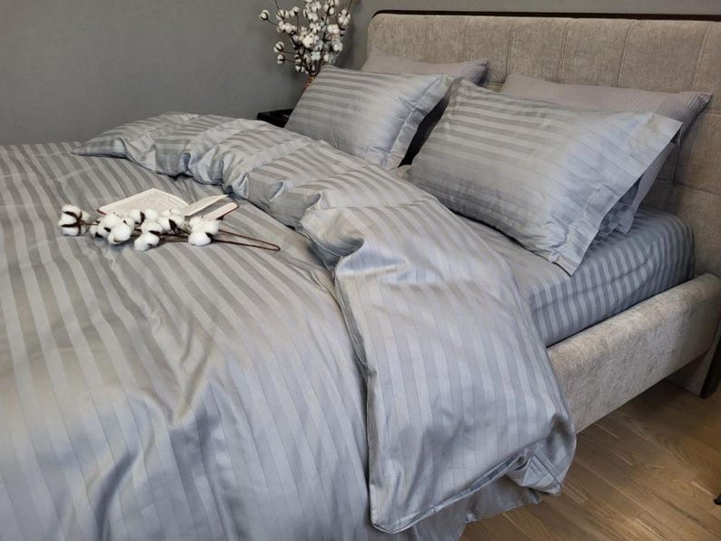 Grey Stripped Fitted Sheet Satin Cotton Luxury Hotel Queen Duvet Cover ...