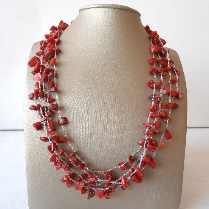 Five Layers Of Red Coral Beads Crocheted With Silver Thread | Etsy