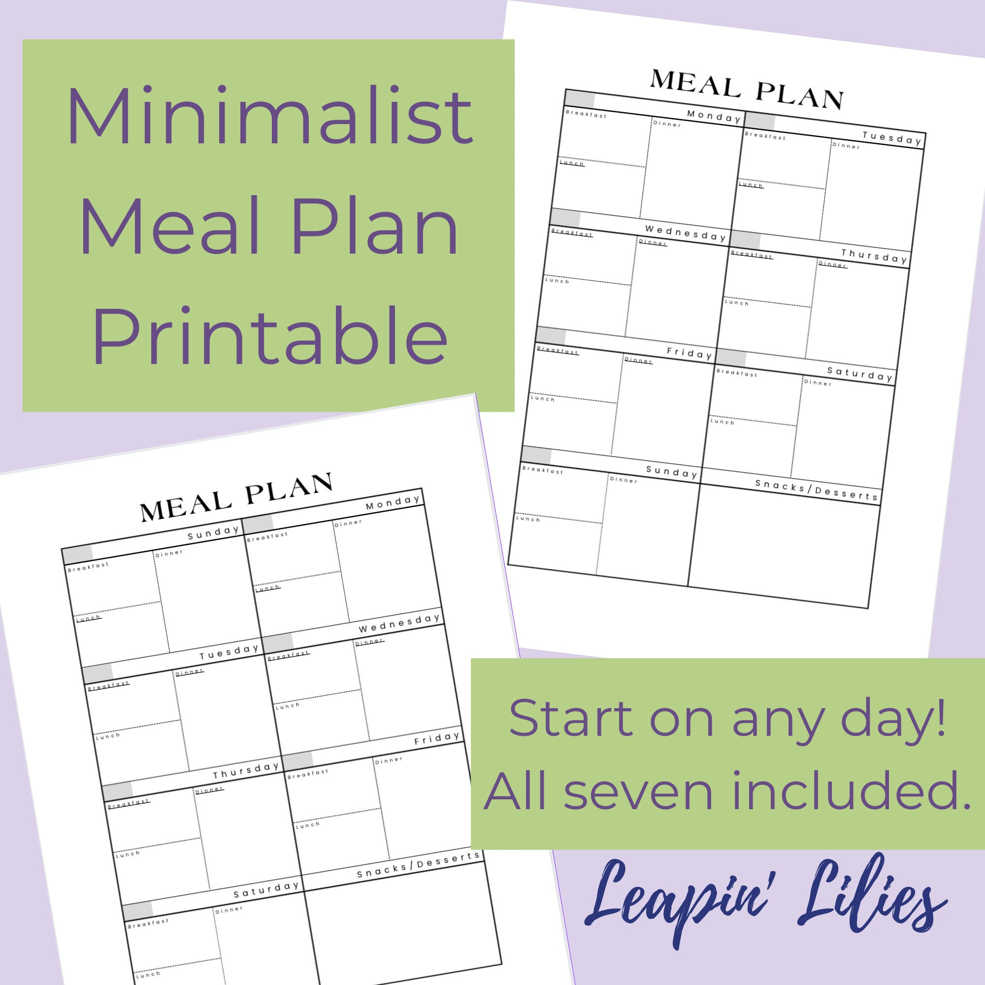 Minimalist Meal Planning Printable | Menu Plan | Start on Any Day of ...