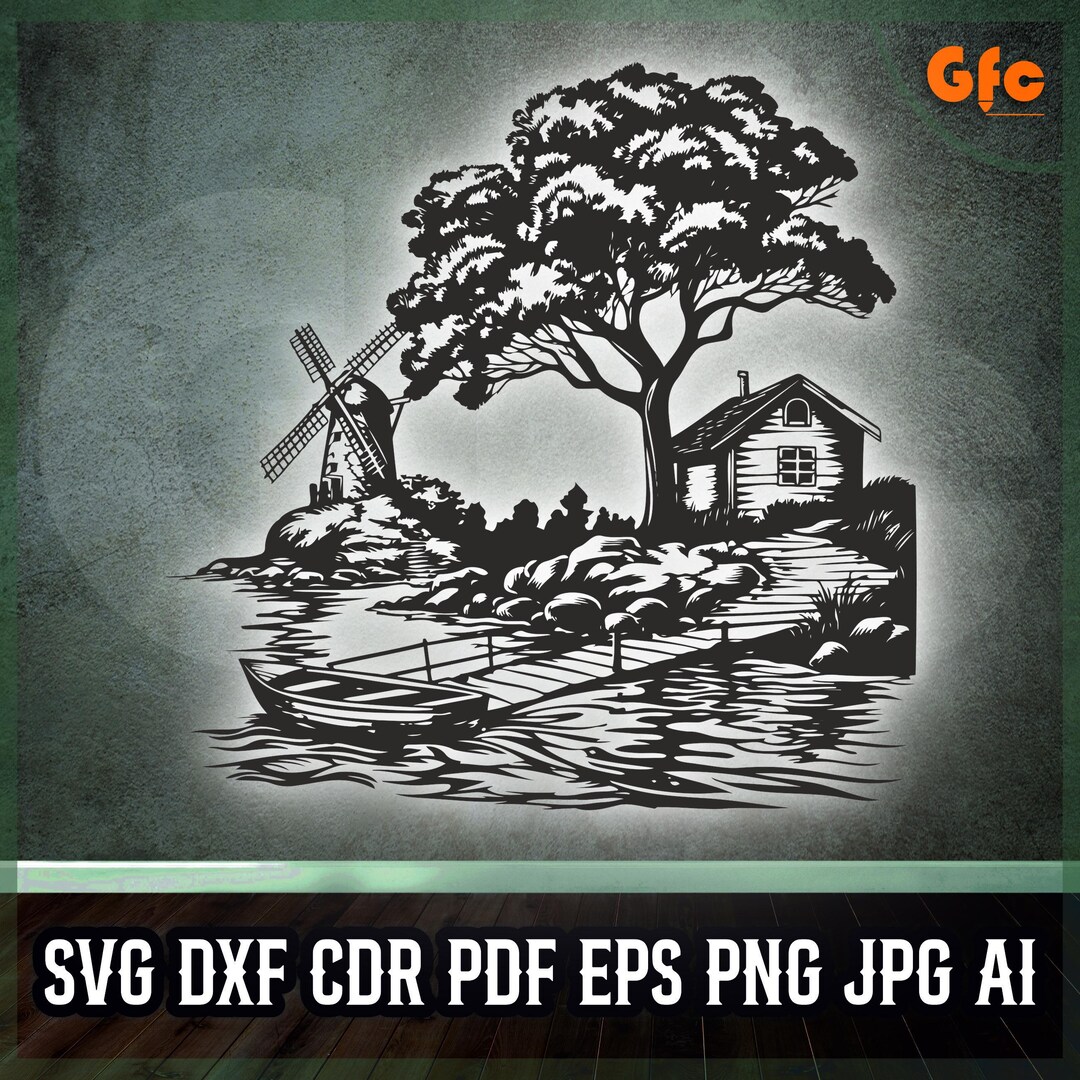 Lakeside Cabin and Windmill DXF SVG - Landscape Art - Laser, Cnc Cut ...