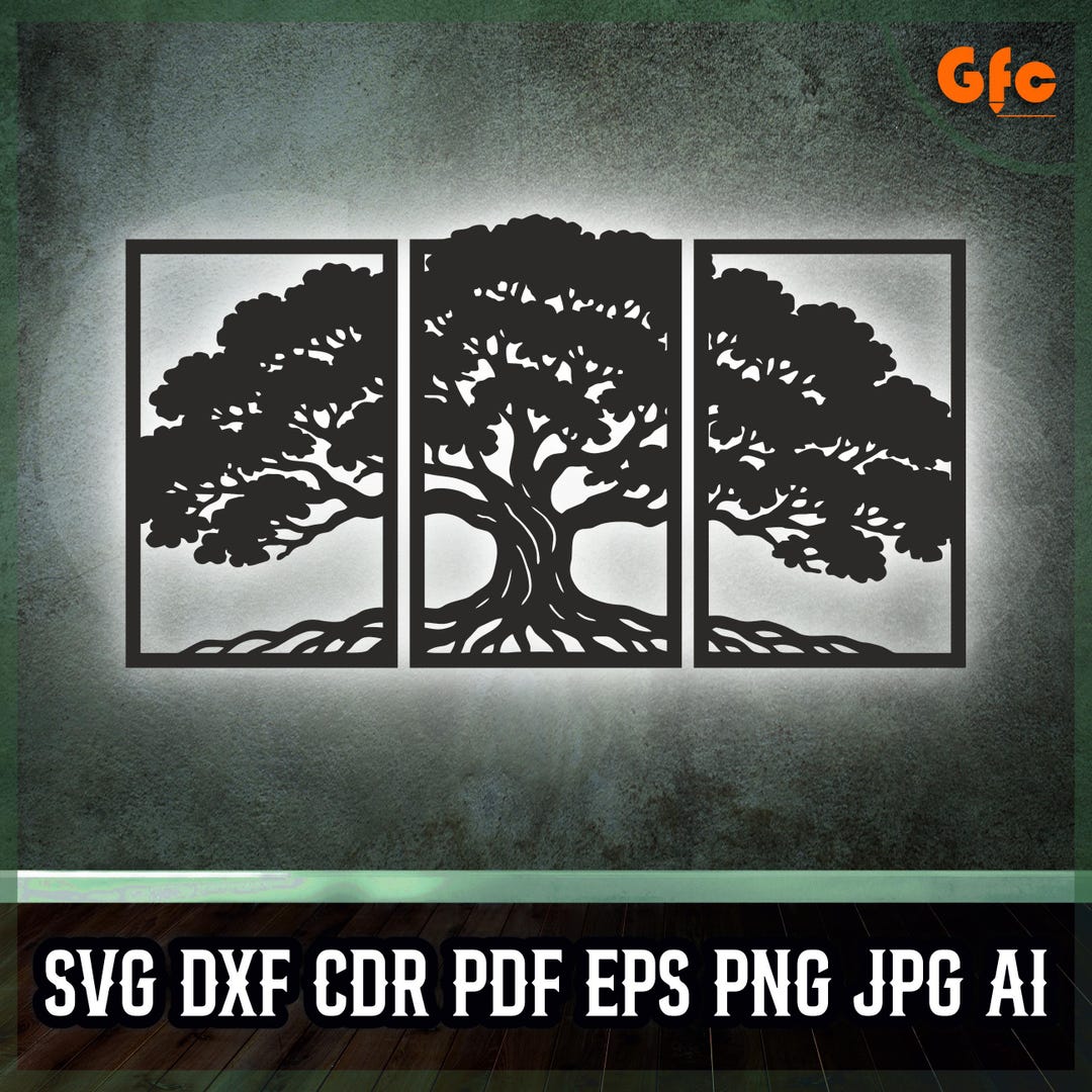 Oak Tree Triptych Panel DXF SVG - Rustic Home Wall Decor - Laser, Cnc ...