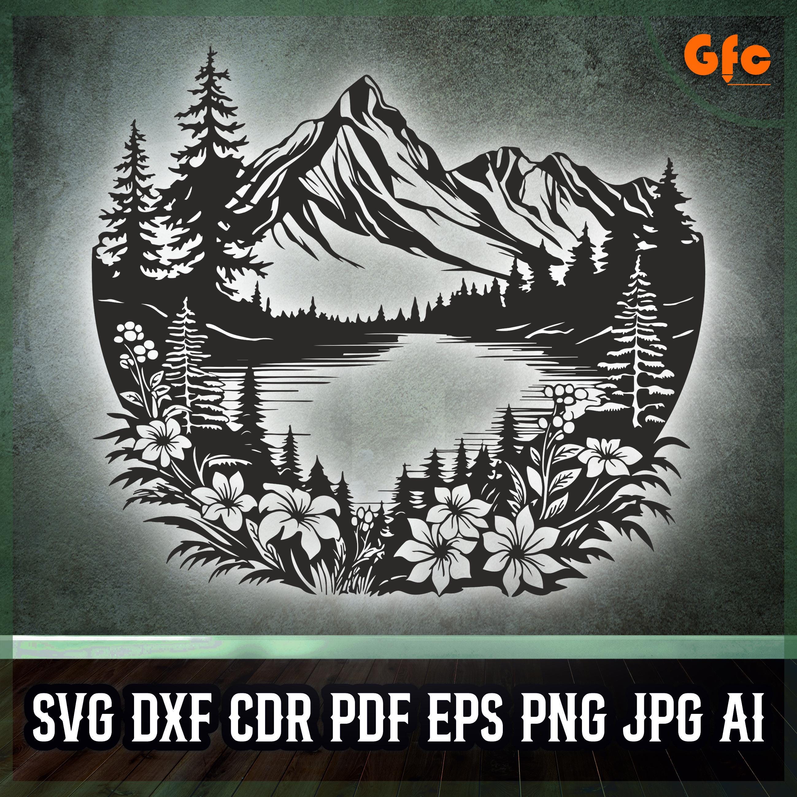 Mountain Lake DXF SVG - Floral Scenic Nature Scene - Laser, Cnc Cut ...