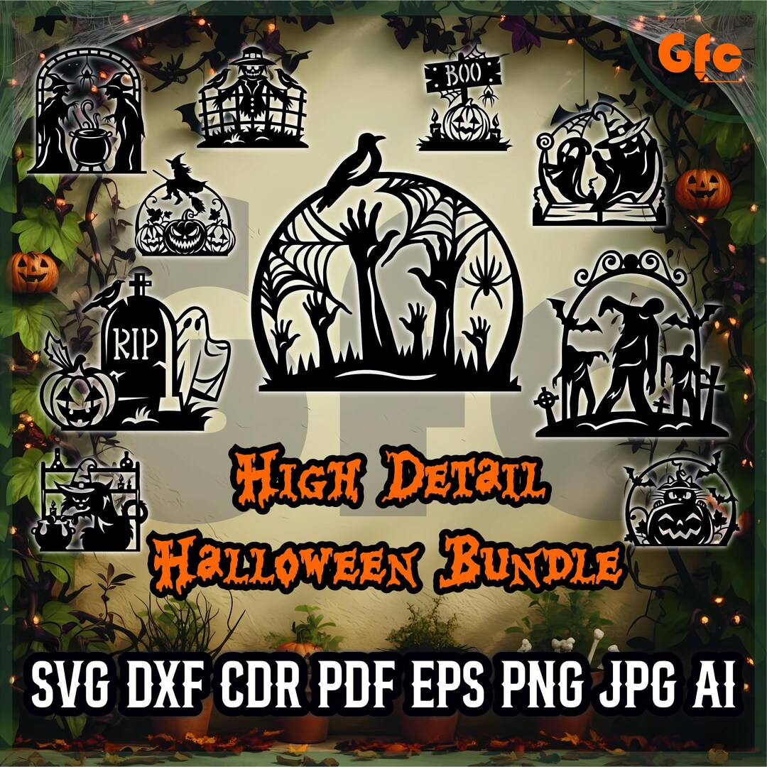 High Detail Halloween DXF Bundle 10x - Svg, Dxf, Pdf, Cdr, Eps, Ai, Jpg ...