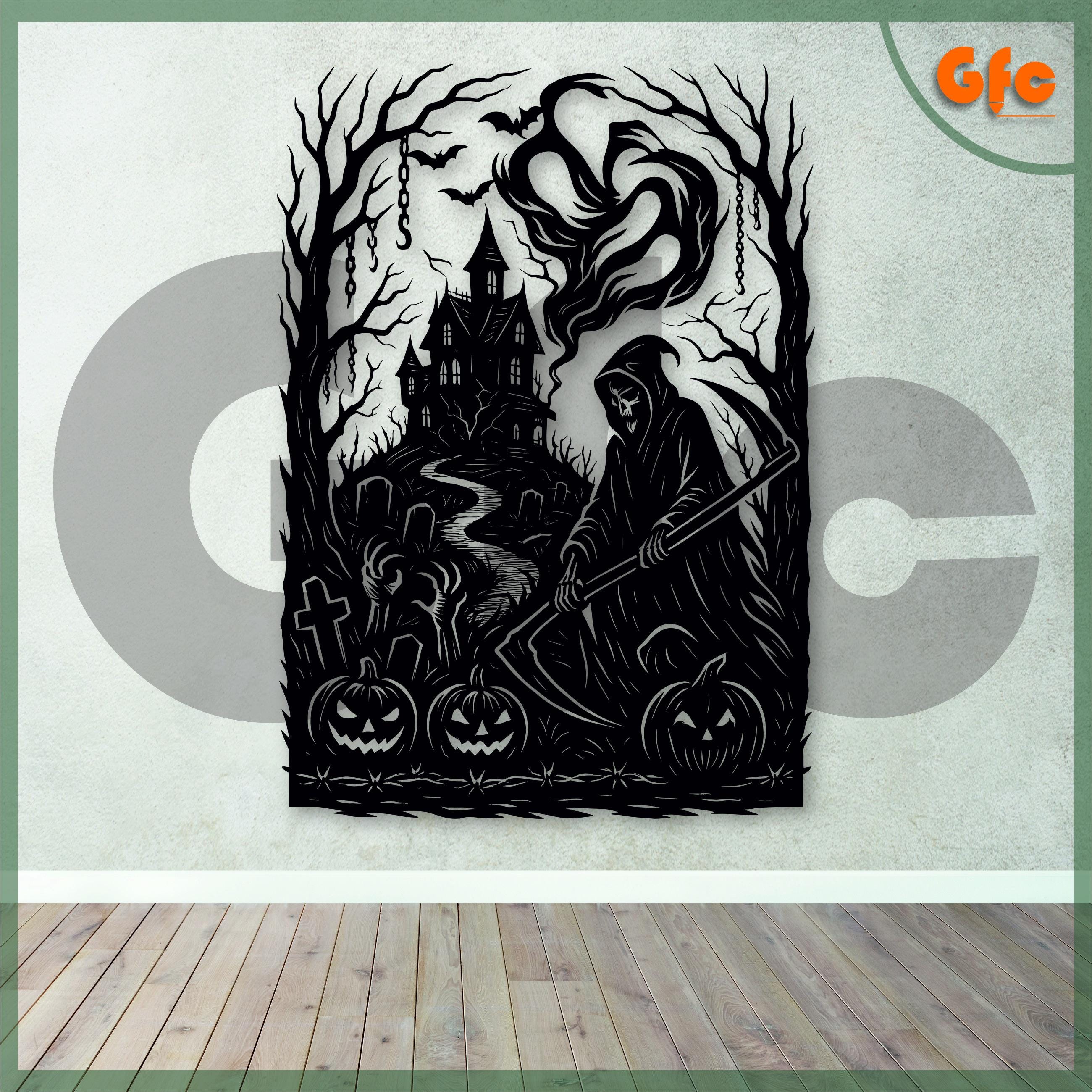 Grim Reaper Haunted House Silhouette SVG - Halloween Decor - Laser ...