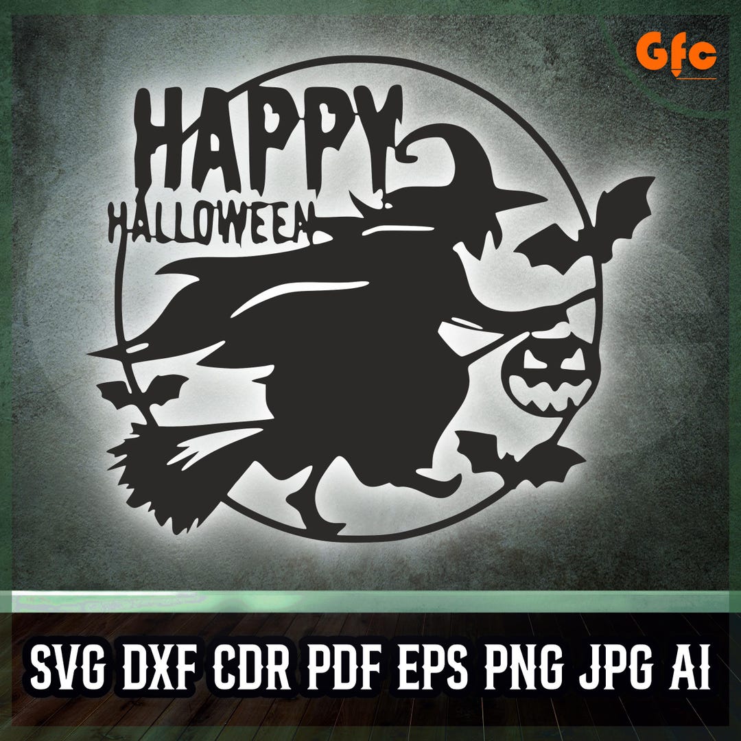 Happy Halloween Witch DXF SVG - Flying Circular Design - Laser, Cricut ...