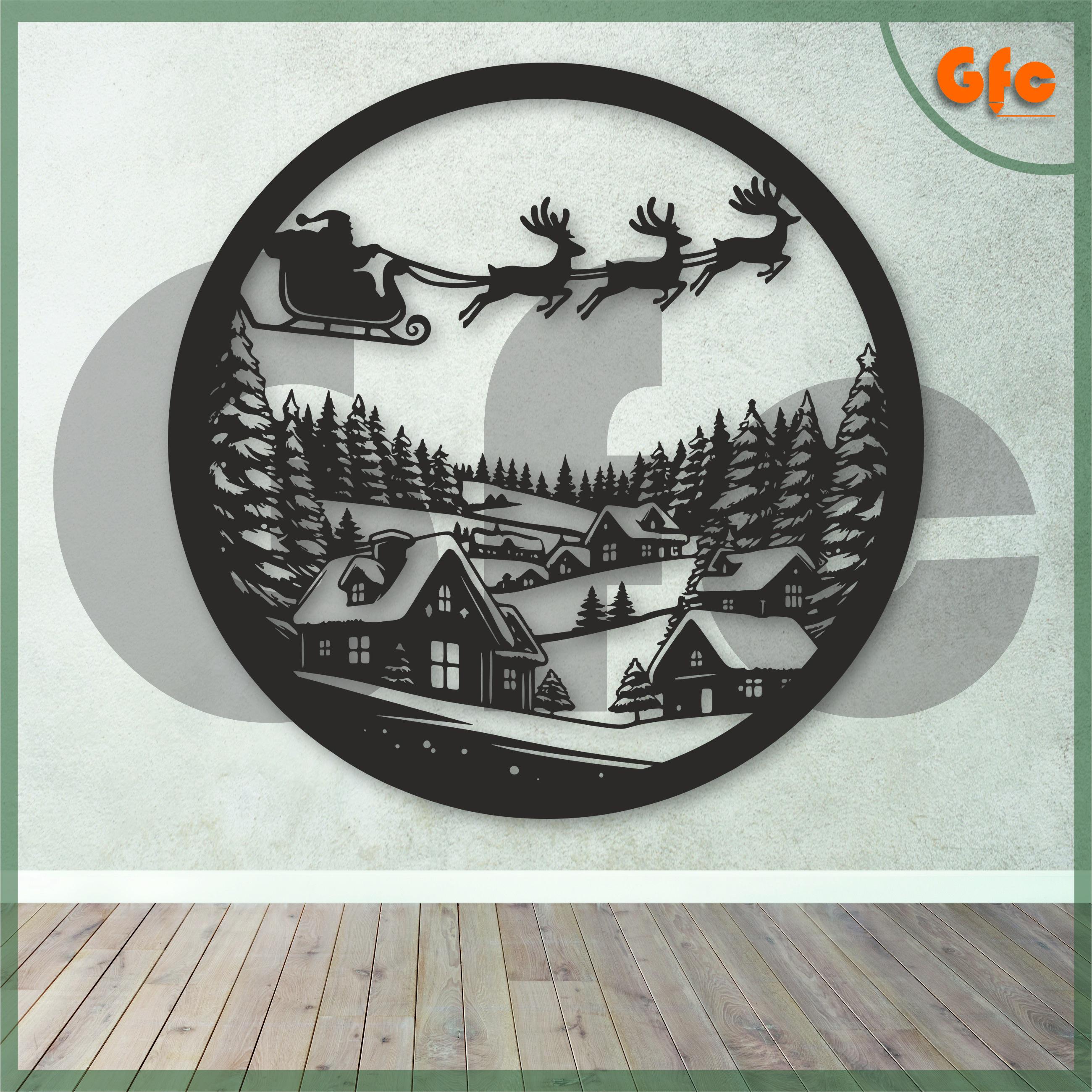 Santa Sleigh Over Snowy Village Circular DXF SVG - Christmas Decor ...