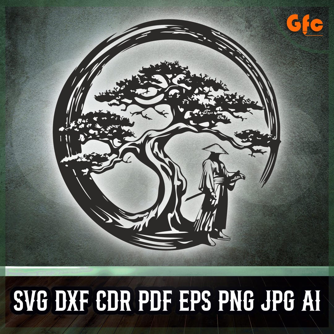 Samurai Bonsai Tree Panel DXF SVG - Japanase Styla Wall Design - Laser ...