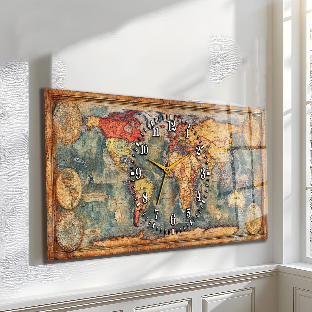 Panoramic Vintage Political Map Glass Wall Clock, Antique World Map Art ...