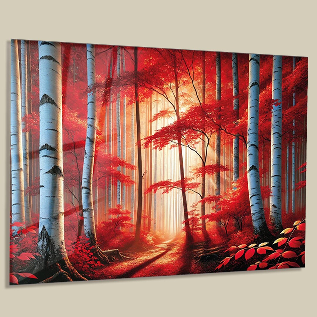 Large Glass Wall Art, Red Birch Tree Forest, Tempered Glass Printing ...