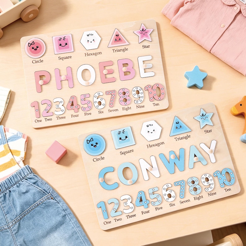 Custom Baby Name Puzzle, Montessori Shapes Numbers Learning Toy, Baby ...