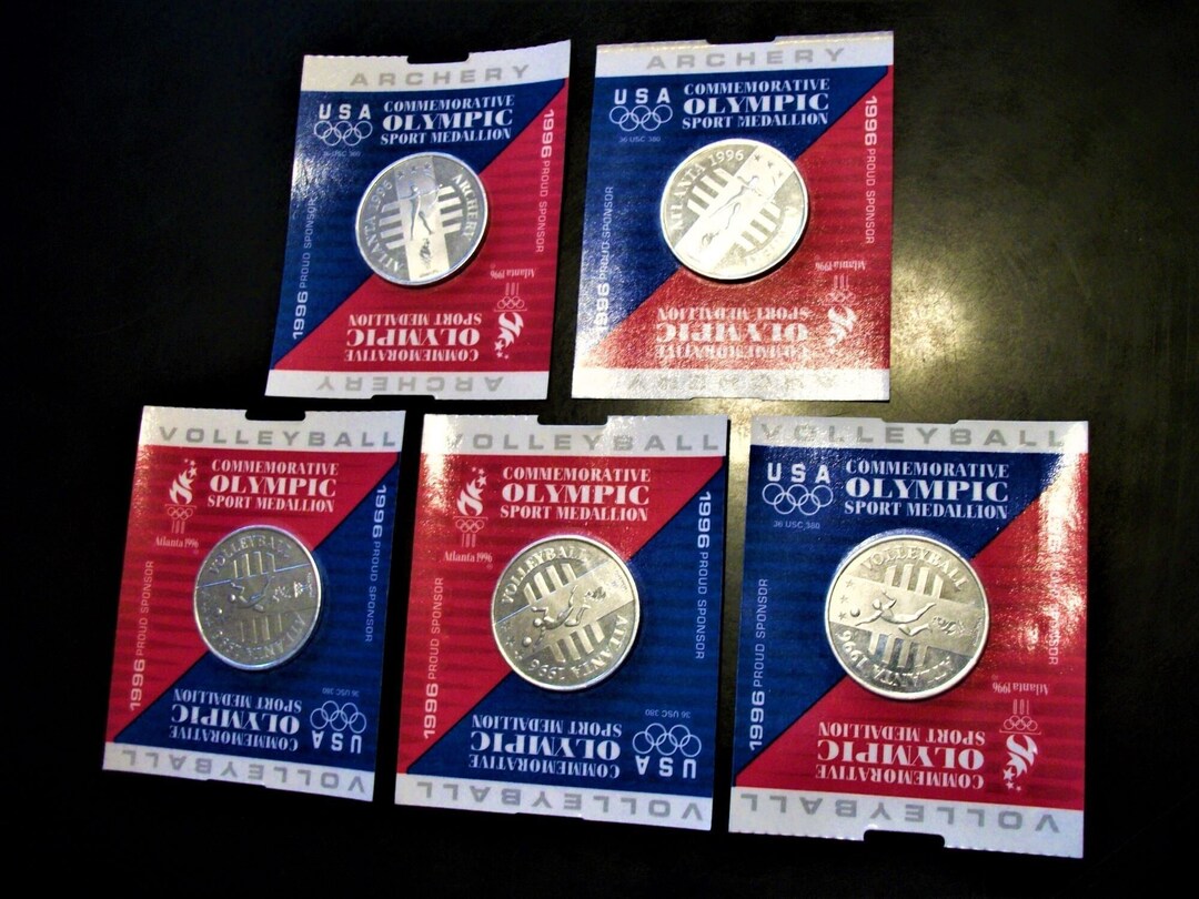5 Olympics Commemorative Sports Medallions Three Volleyball Two Archery ...