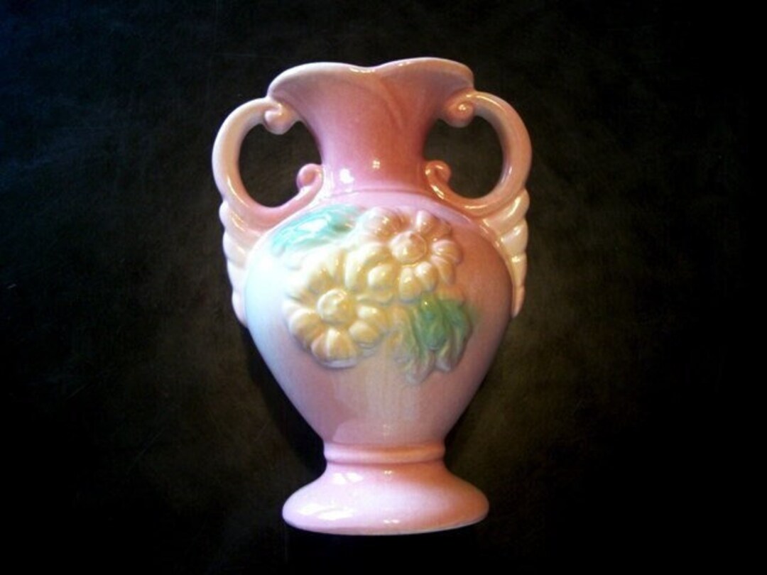 Old USA Art Pottery Vase Rose Magenta Pink Yellow Flowers Double Handle ...