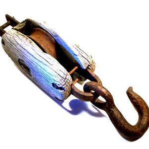 Old Rustic Barn Pulley Iron Hook Wood Block and Tackle or Maritime ...
