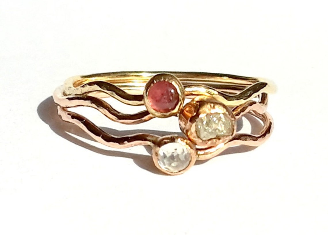 Set of 3 Rings-wavy Rings-solid 14k Rose and Yellow Gold - Etsy