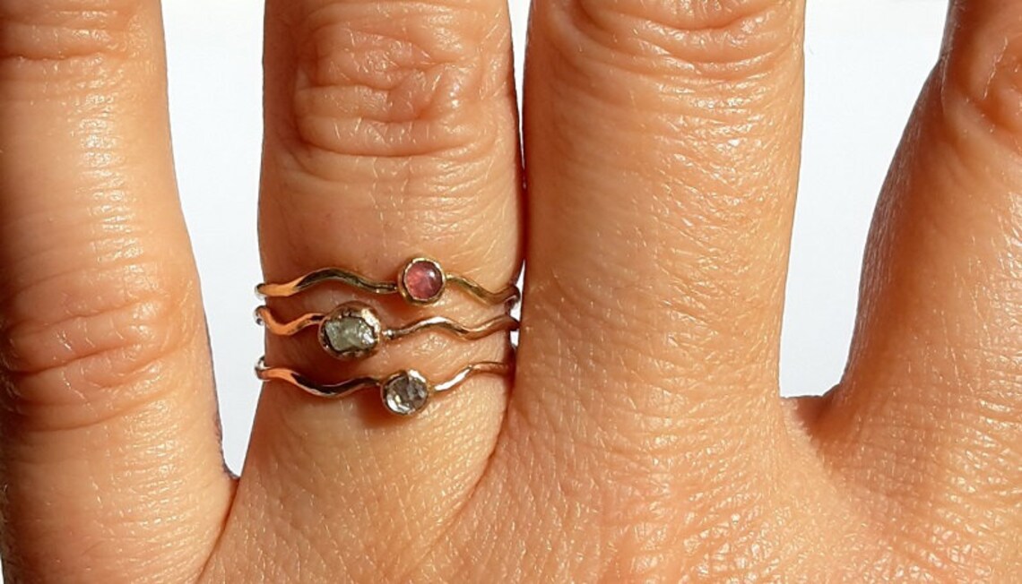 Set of 3 Rings-wavy Rings-solid 14k Rose and Yellow Gold - Etsy