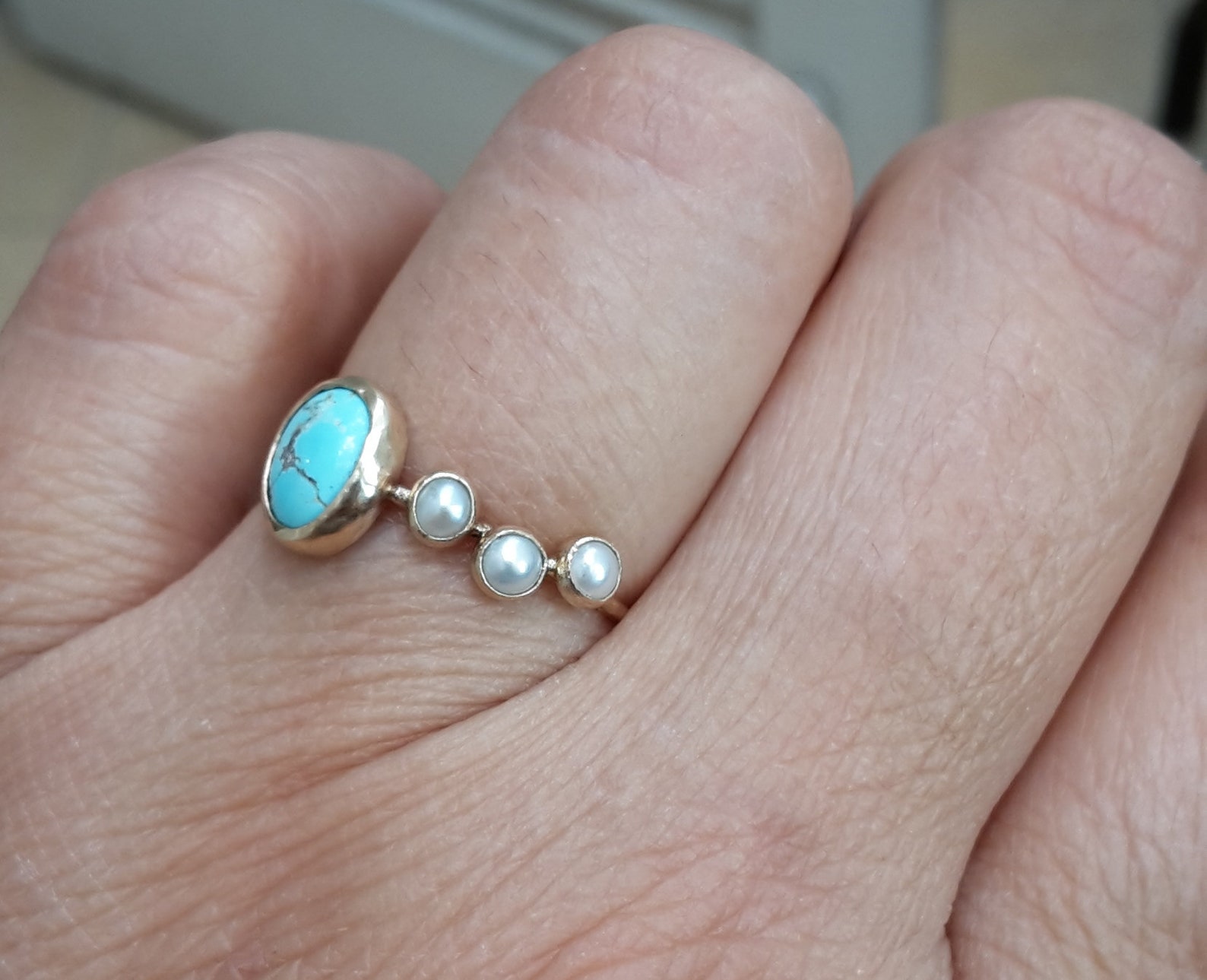 Turquoise 14k Solid Gold and 3 Small Pearls Ring- Natural Turquoise ...