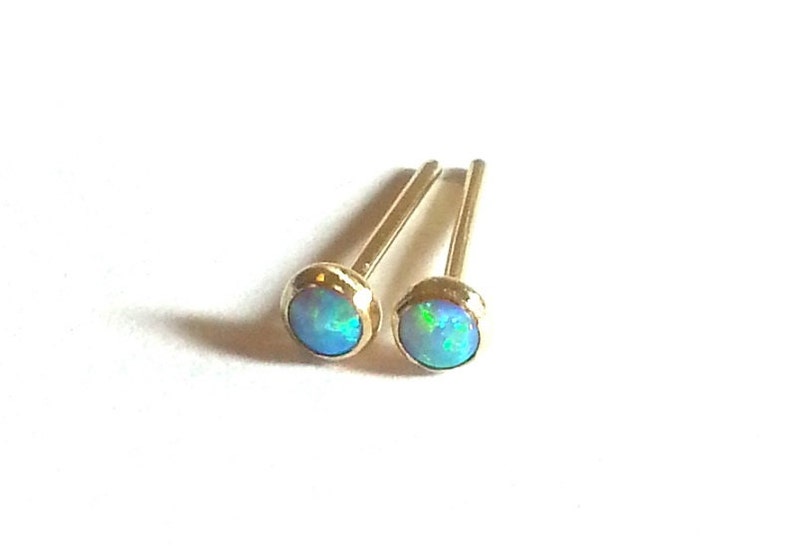 Opal 14k SOLID YELLOW Gold Studs tiny Opal Post Earrings 3 - Etsy
