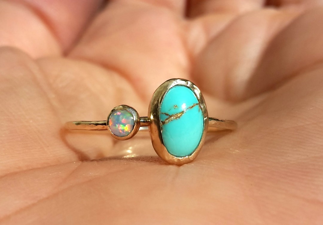 14k Solid Gold Turquoise and Opal Ring-turquoise Engagement Ring ...