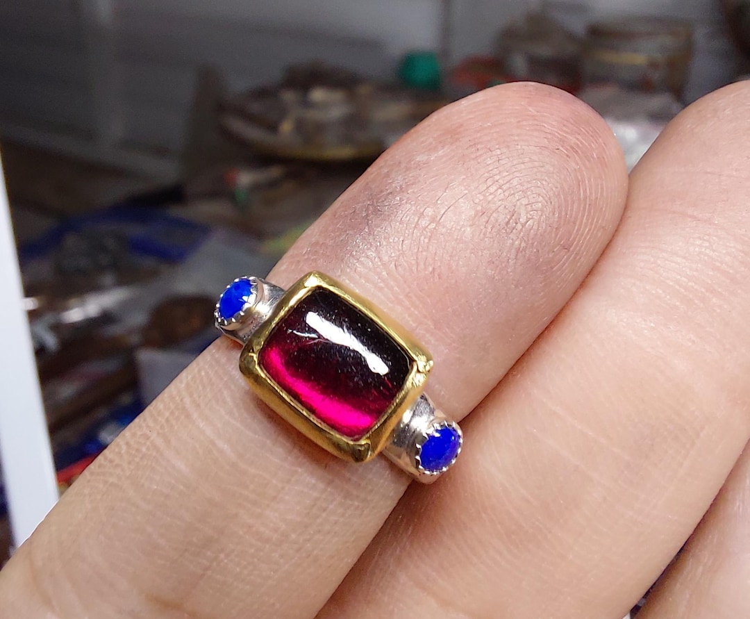 Garnet, 24k Solid Gold and Silver Ring- Garnet Lapis Ring-stackable ...