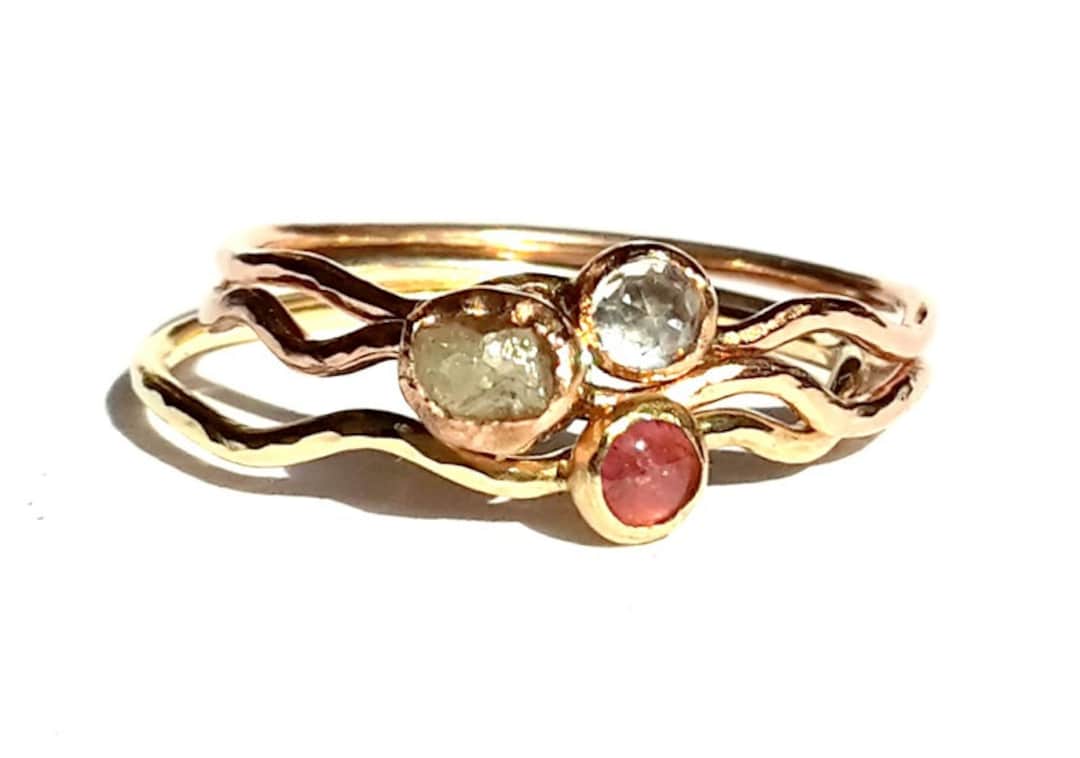 Set of 3 Rings-wavy Rings-solid 14k Rose and Yellow Gold Rings-raw ...