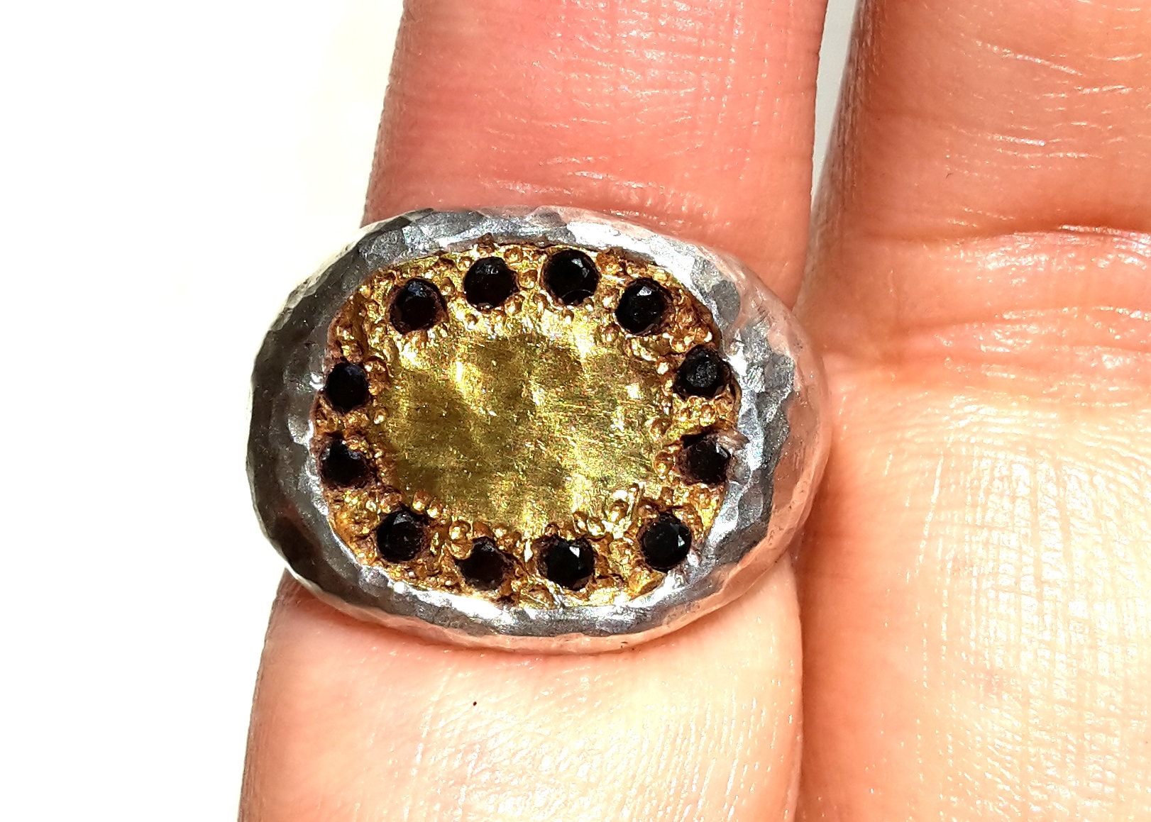 Large Oval Hammered Multi Stones Ring - Silver and 24k Gold Ring ...