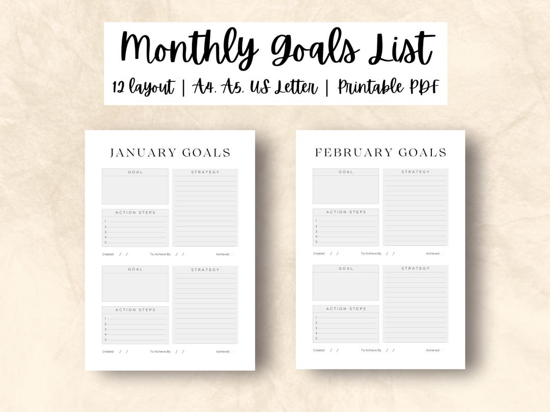 Monthly Goals Planner Printable | PDF Goal Setting Sheet | Action Steps ...