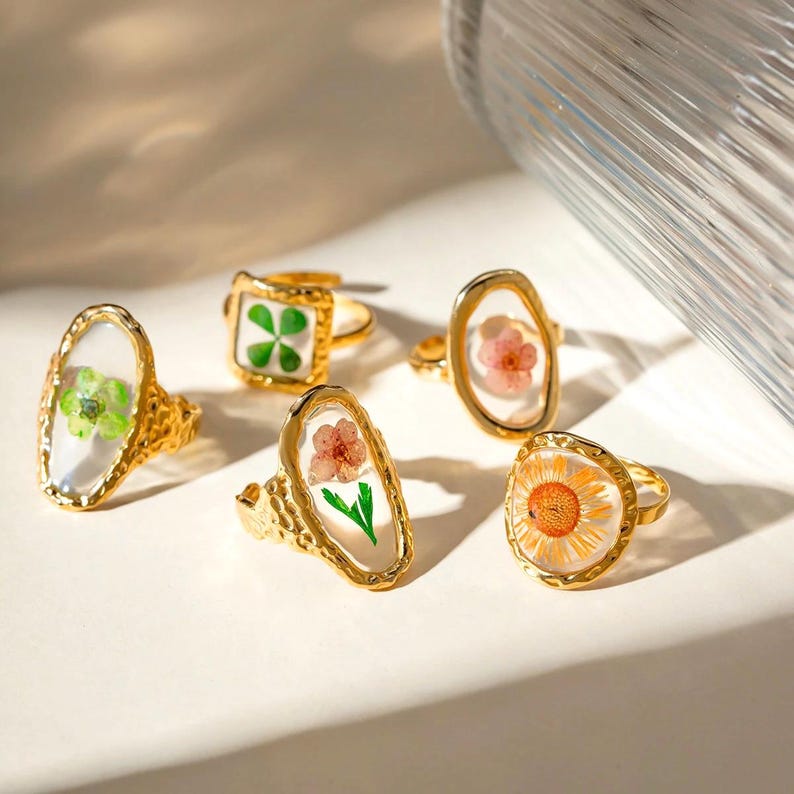 Adjustable Gold Plated Ring – Pressed Flower Resin Ring, Nature ...
