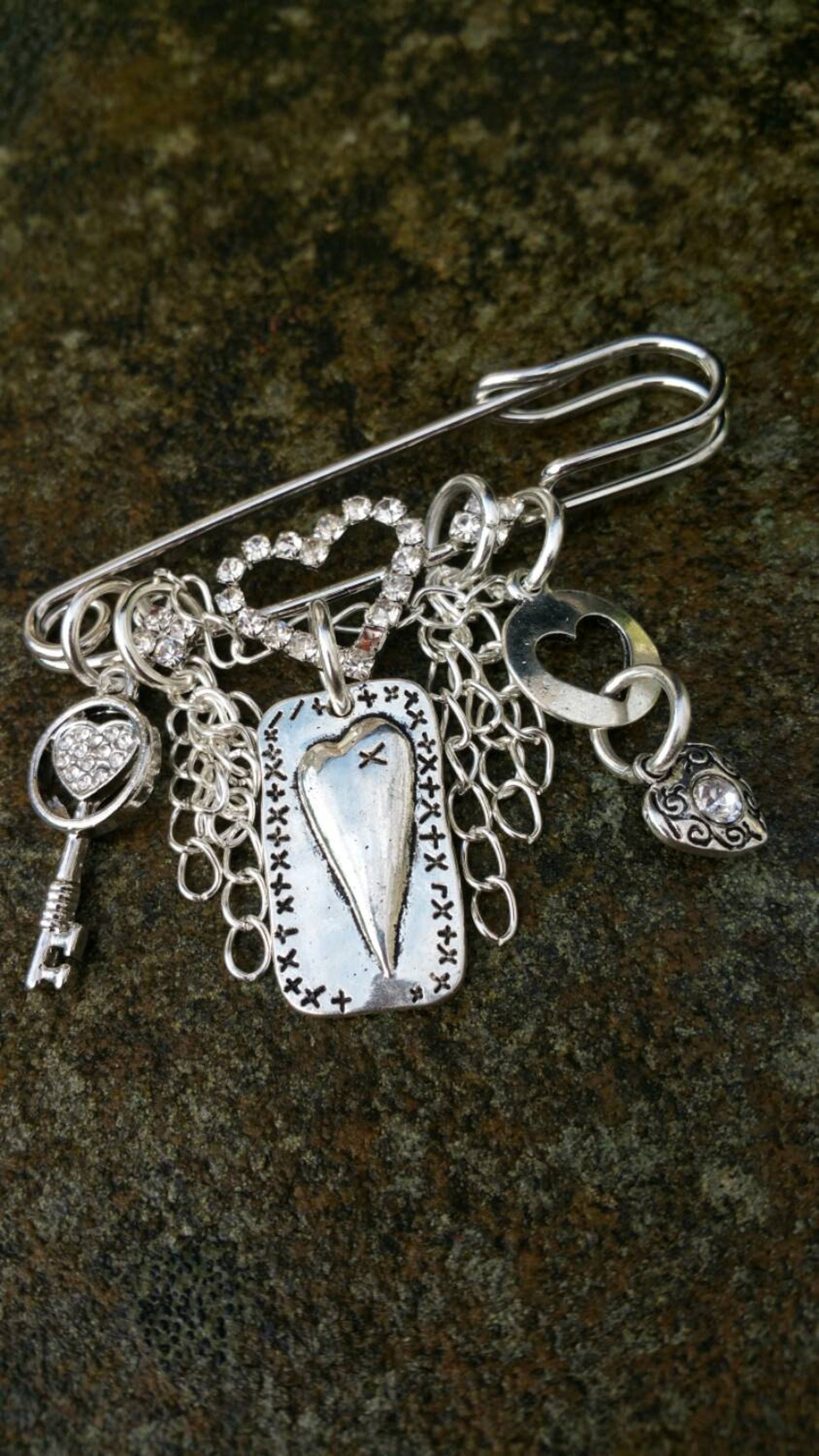 Heart Safety Pin Brooch Diamanté Love Token Silver Tone Charm - Etsy