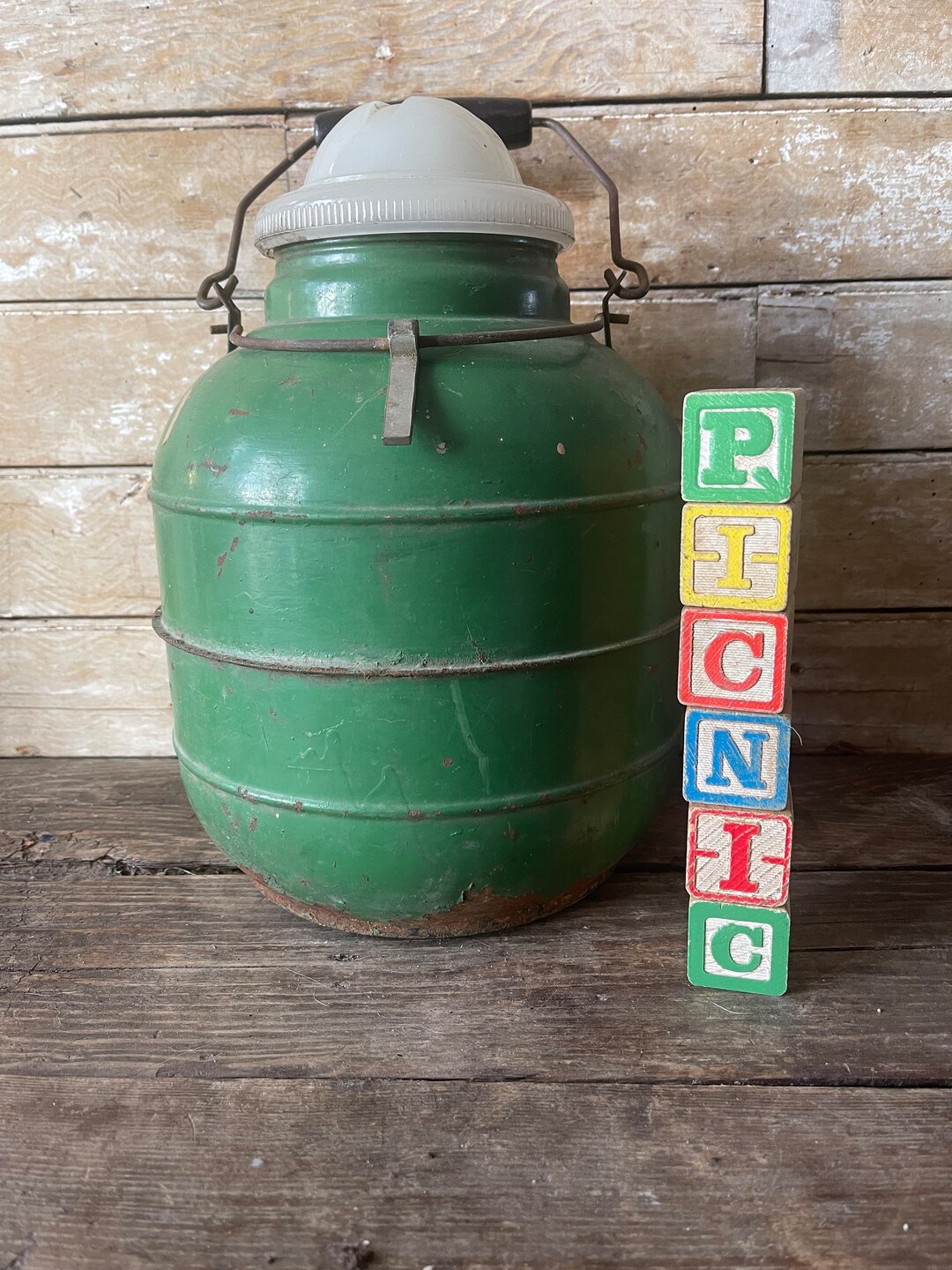 Vintage Green Jug Metal and Glass Thermos Rare - Etsy