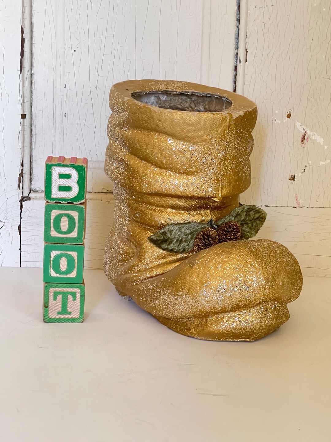 Vintage Christmas Santa Boot Paper Mache Gold Adorable - Etsy