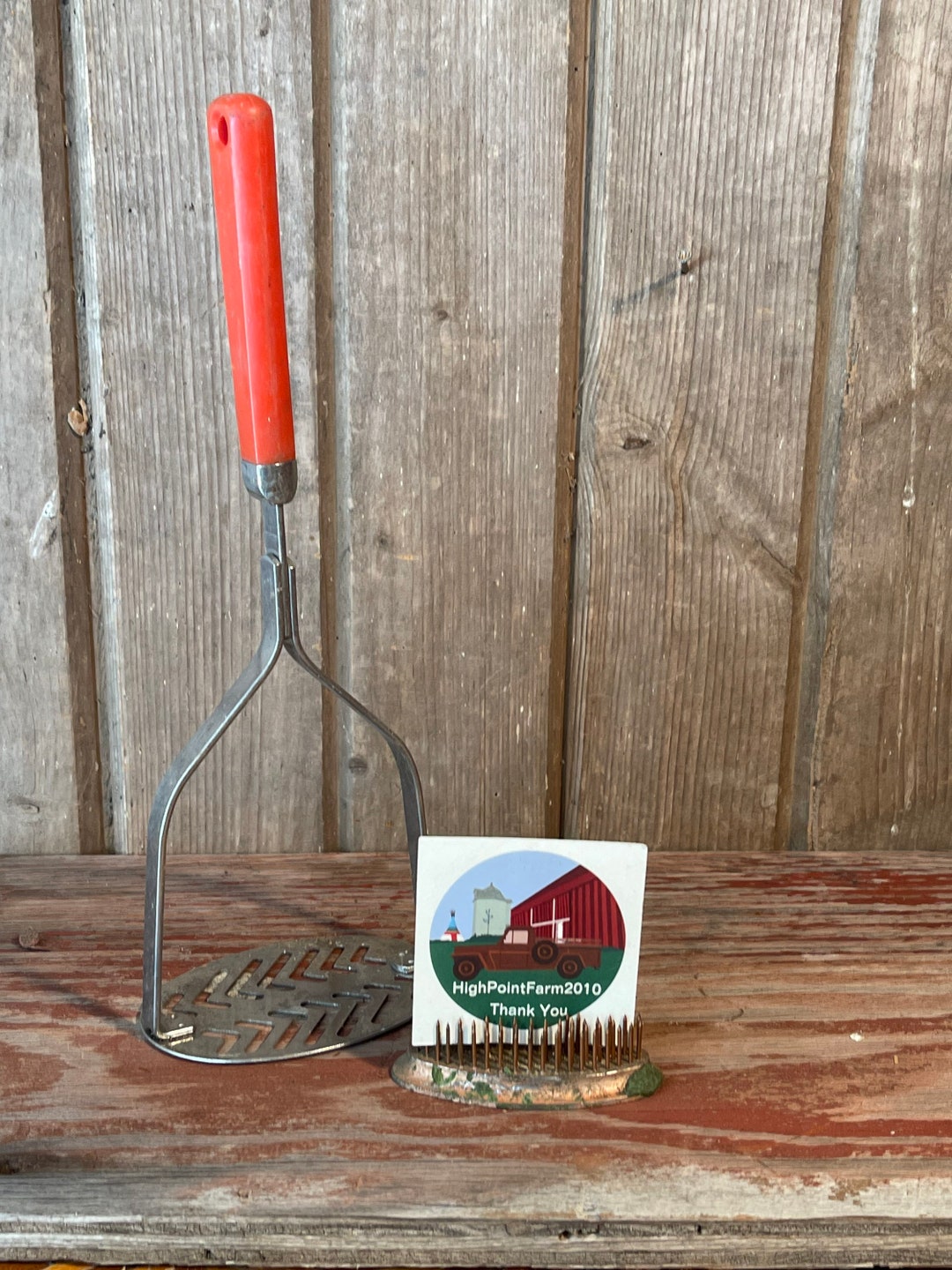 Vintage Potato Masher Steel Plastic Red Handle Kitchen Utensil Unique ...