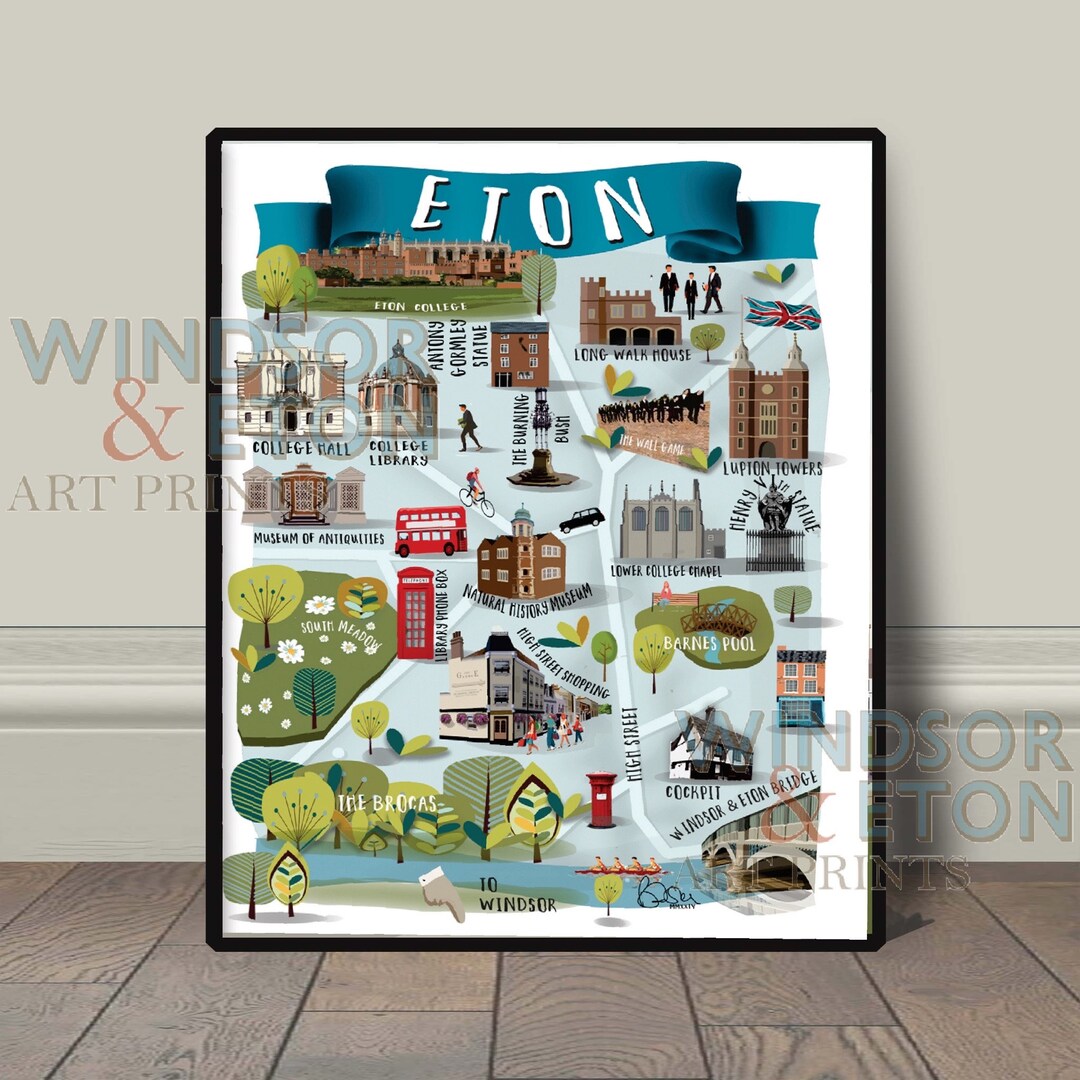 Eton Collage Map Print Iconic Landmarks Royal Windsor Eton Art Print ...