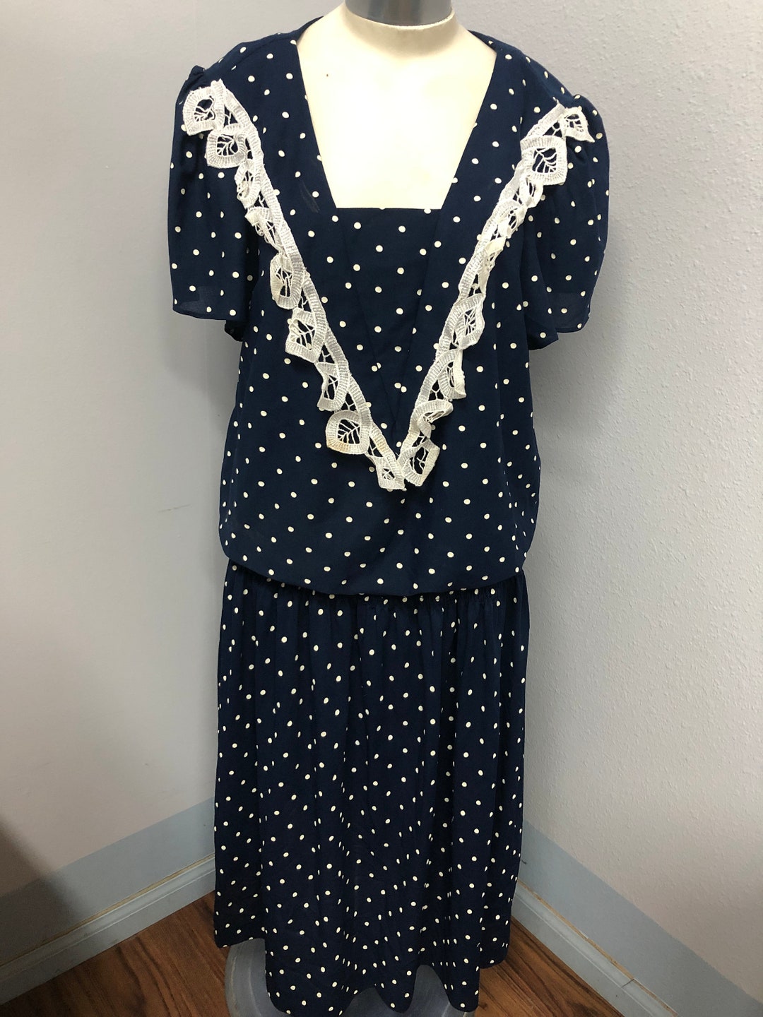 Gilberti Blue and White Polka-dot Day Dress With White Lace Decoration ...