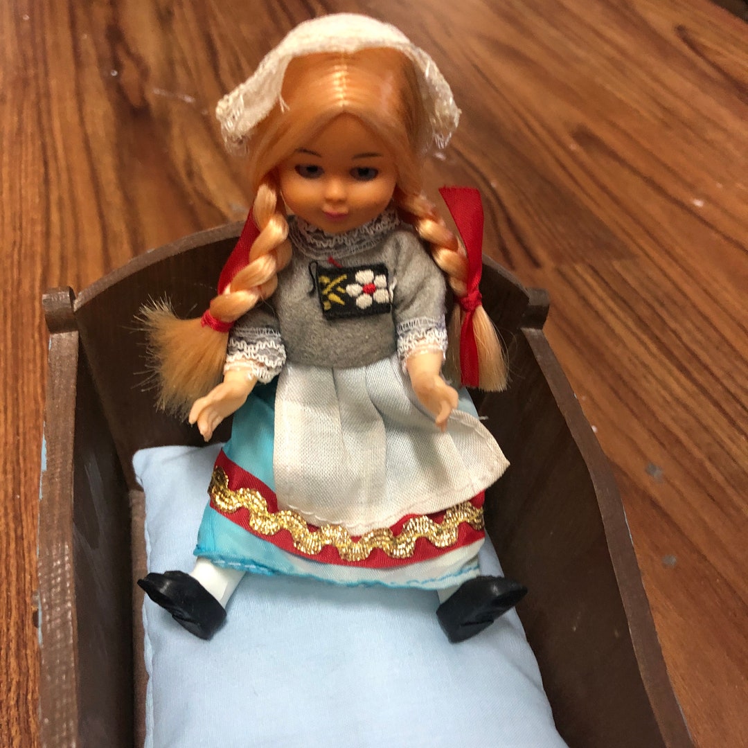 Miniature Hand Made Rocking Cradle and Small Doll With Moving Arms and ...