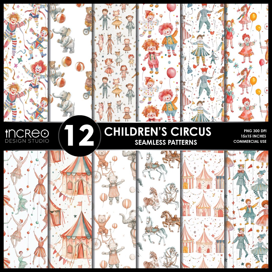 Circus Seamless Patterns: Kids Nursery Digital Paper (12 PNG, 300 DPI ...