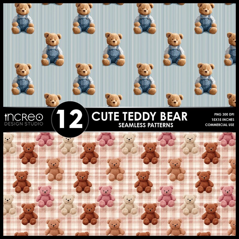 Cute Teddy Bear Seamless Patterns, Nursery Digital Paper Pack, Baby ...