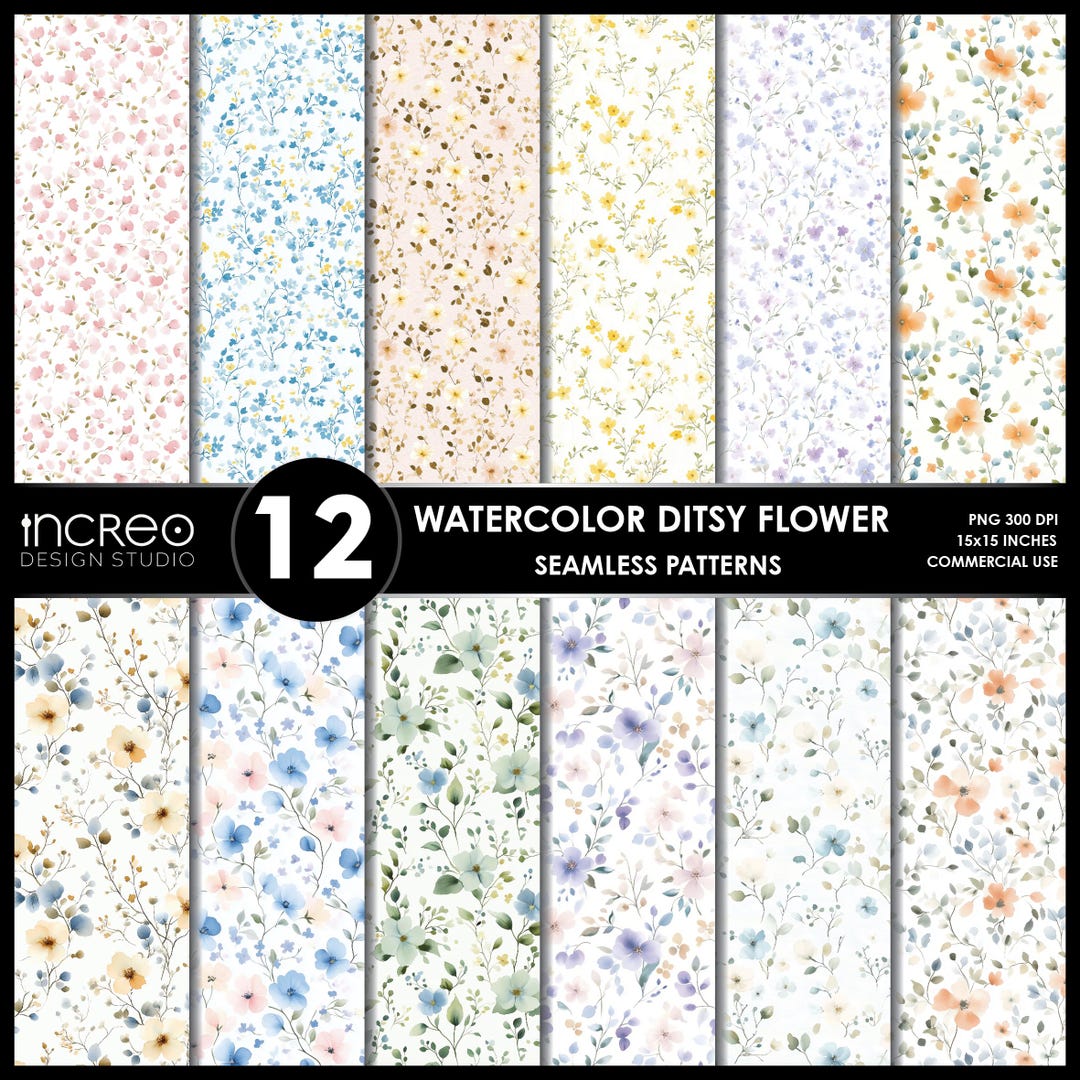 Watercolor Ditsy Floral Pattern Pack, Pastel Spring Wildflower Digital ...