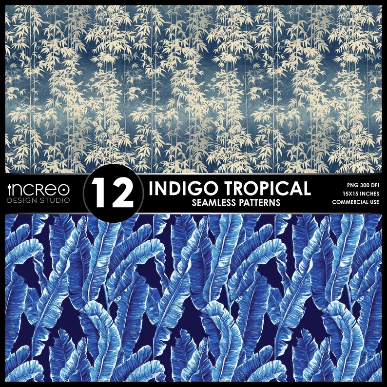 Indigo Tropical Seamless Patterns: Watercolor Floral Digital Paper ...