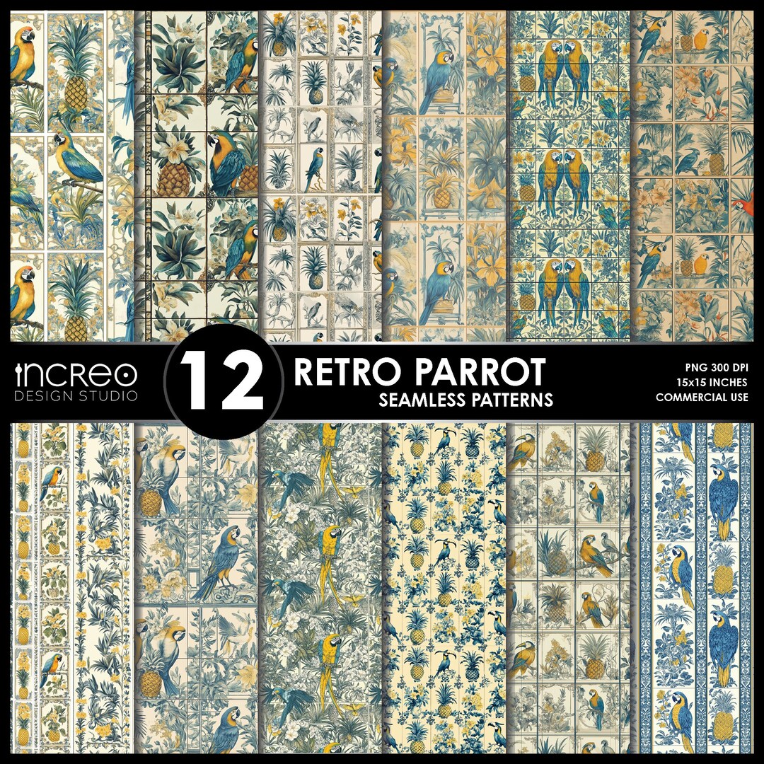 Retro Parrot Seamless Pattern Pack: Tropical PNG Designs (digital ...