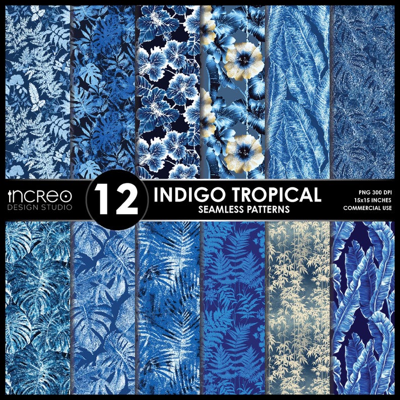 Indigo Tropical Seamless Patterns: Watercolor Floral Digital Paper ...