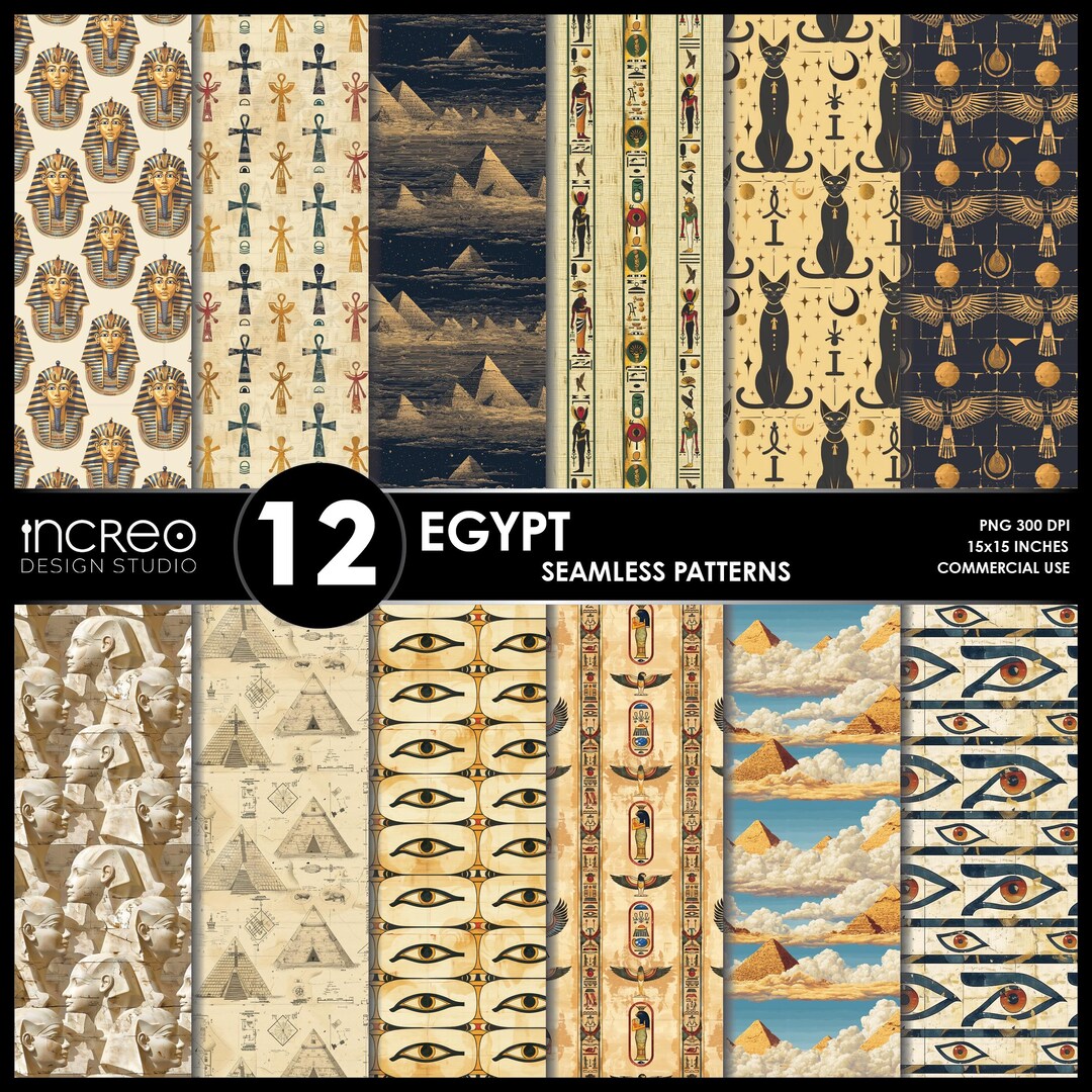 Ancient Egypt Seamless Patterns: Vintage Hieroglyphs Digital Paper (PNG ...