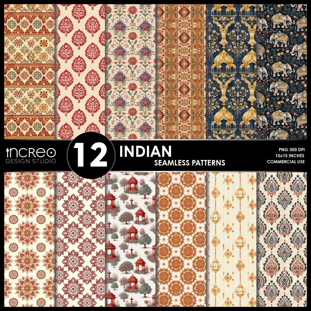 Indian Paisley Digital Paper: Mughal Art Seamless Patterns (12 PNG ...